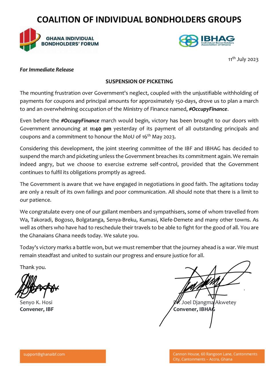 Individual bondholders suspend planned picketing - abcnewsgh